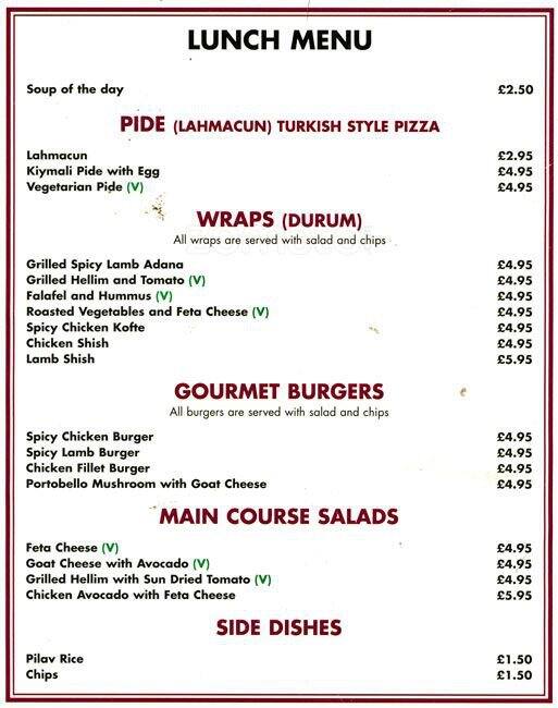 Menu at Efes Meze restaurant, London