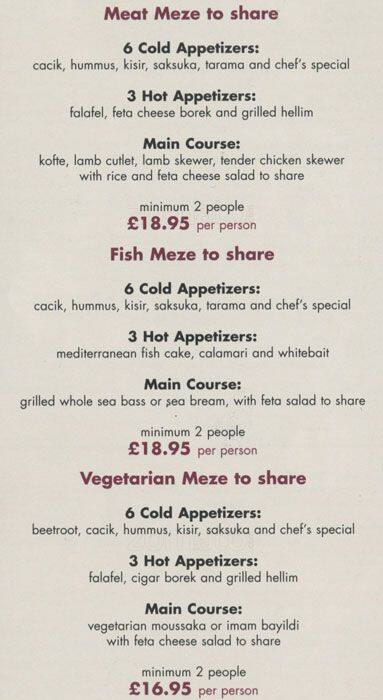 Menu at Efes Meze restaurant, London