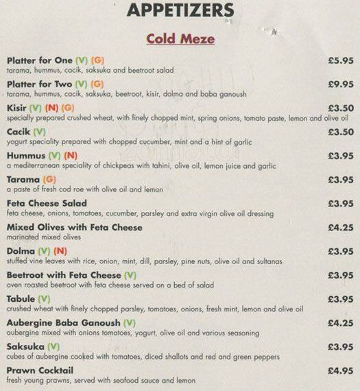 Menu at Efes Meze restaurant, London