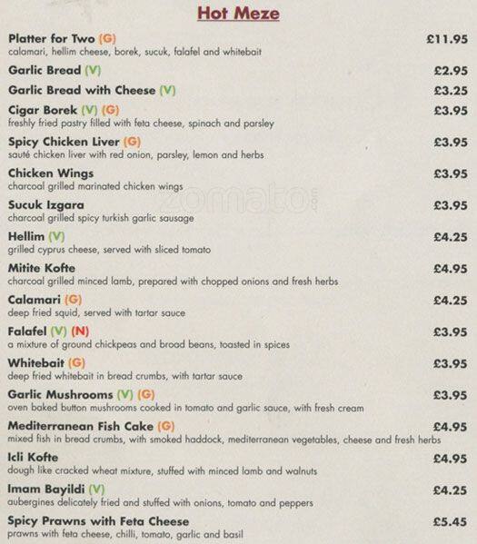 Menu at Efes Meze restaurant, London