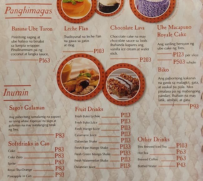Menu at Tres Ayala restaurant, Makati