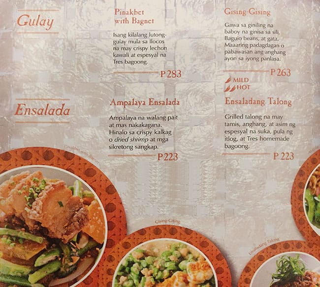 Menu at Tres Ayala restaurant, Makati