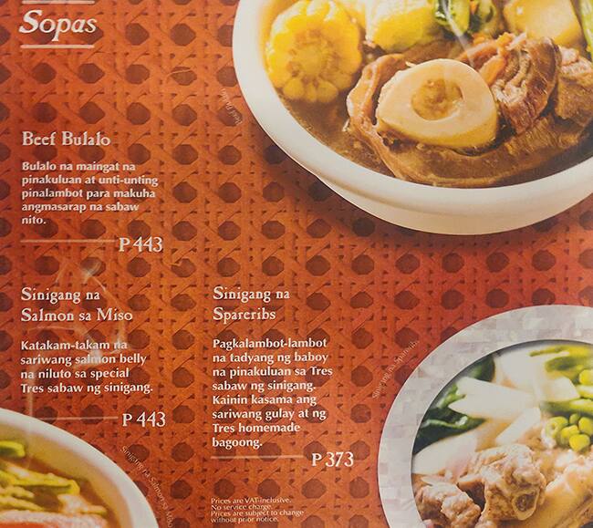 Menu at Tres Ayala restaurant, Makati