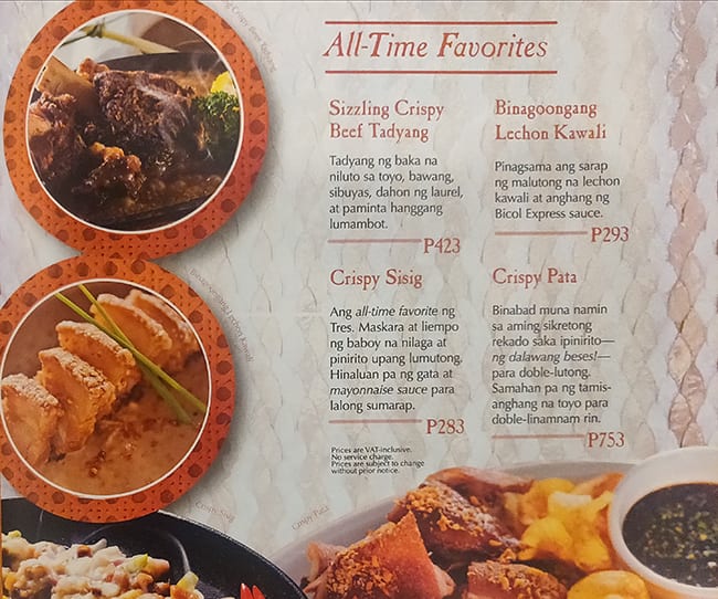Menu at Tres restaurant, Makati