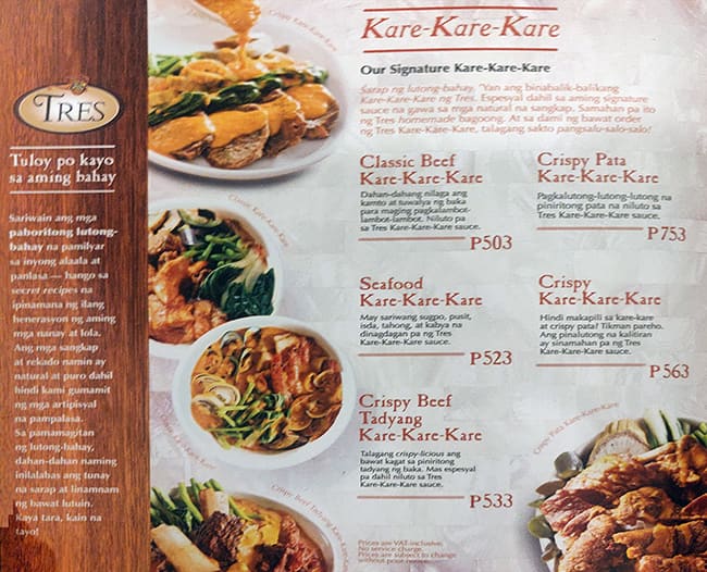 Menu at Tres Ayala restaurant, Makati