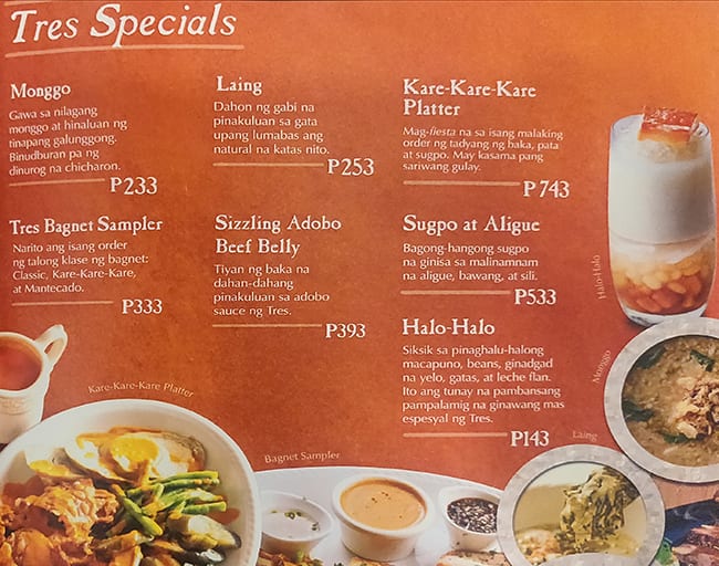 Menu at Tres Ayala restaurant, Makati
