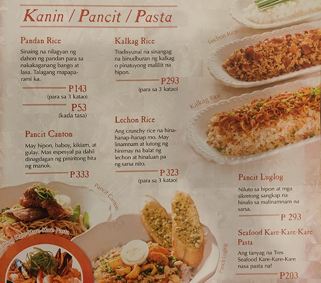 Menu at Tres restaurant, Makati