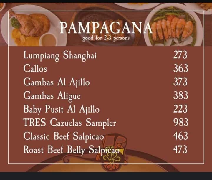 Menu at Tres Ayala restaurant, Makati