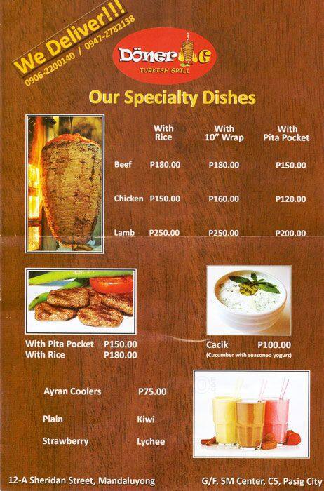 Menu at Doner's G restaurant, Pasig