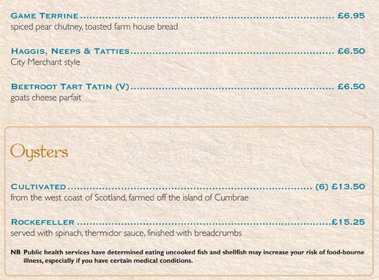Menu at City Merchant restaurant, Glasgow