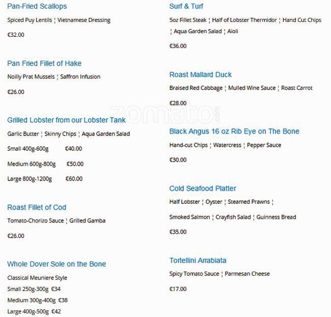 Menu at Aqua Restaurant, Dublin, 1 W Pier