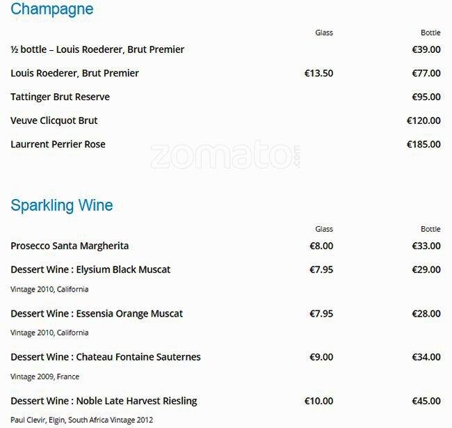 Menu at Aqua Restaurant, Dublin, 1 W Pier