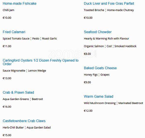 Menu at Aqua Restaurant, Dublin, 1 W Pier