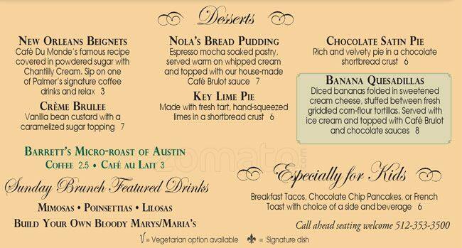 Menu at Palmer's Restaurant Bar & Courtyard, San Marcos