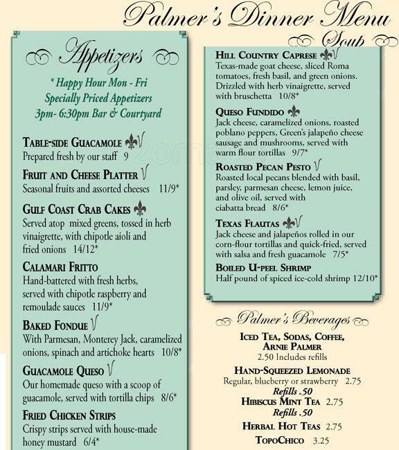 Menu at Palmer's Restaurant Bar & Courtyard, San Marcos