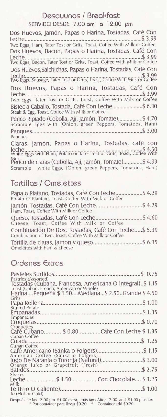 Menu at El Rinconcito Latino Doral restaurant, Miami, NW 36th St