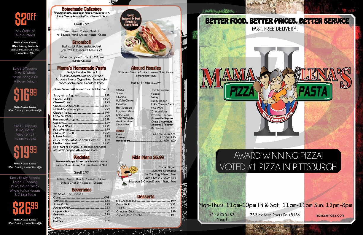 Menu at Mama Lena's II pizzeria, McKees Rocks