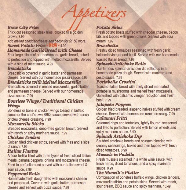 Menu at Monelli's Italian Grill & Sports Bar, Wyoming