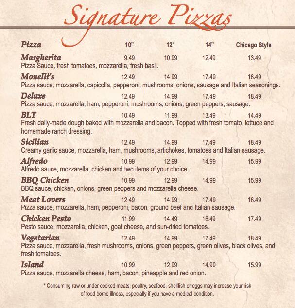 Menu at Monelli's Italian Grill & Sports Bar, Wyoming