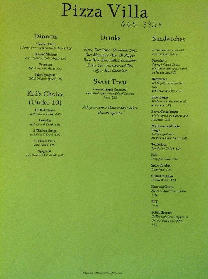 Menu at Pizza Villa II pizzeria, Jasonville