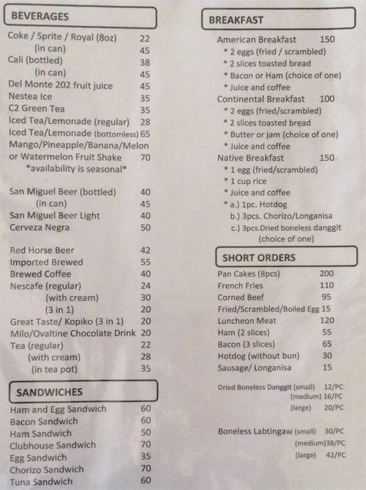 Menu at Santa Fe Beach Club, Santa Fe