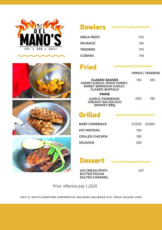 Menu at Del Mano's Macabling restaurant, Santa Rosa, Sta. Rosa Town ...