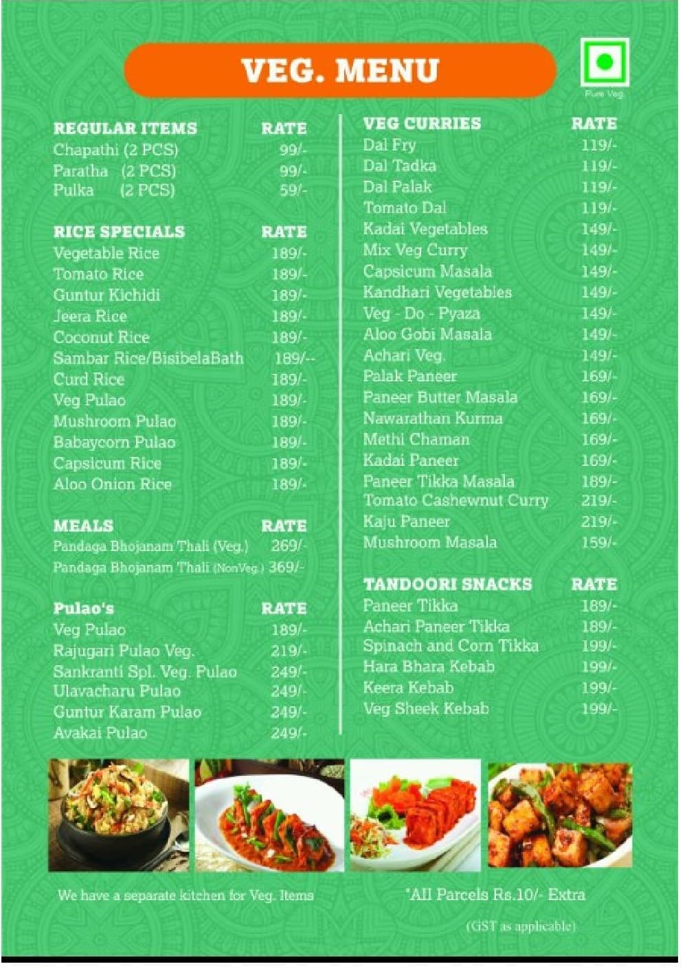 Menu at Hotel Sankranti, Hyderabad