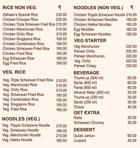 Menu of The Mezbaan's, Marol, Mumbai