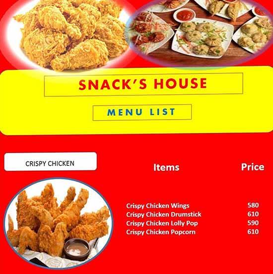 Menu of Snack's House, HSR, Bangalore