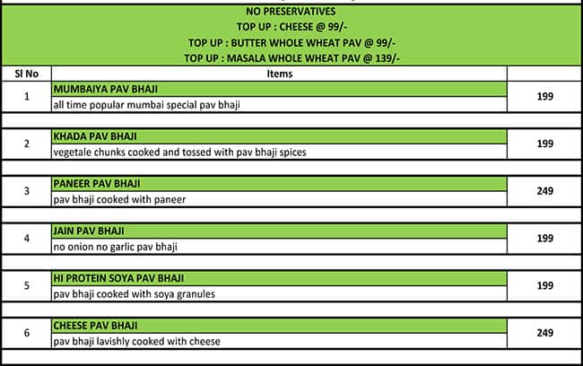 Menu of Mumbaiya Pav Bhaji, Pali Hill, Bandra West, Mumbai