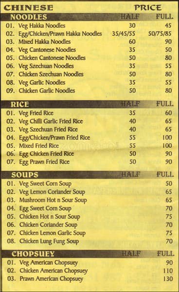 Menu at Food Freaks, Kolkata