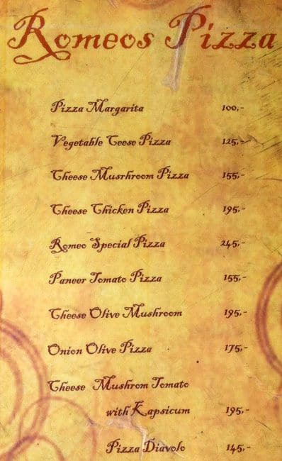 Menu at Romeo Cafe, Varanasi