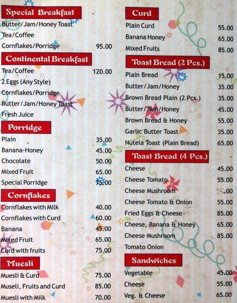 Menu at Romeo Cafe, Varanasi