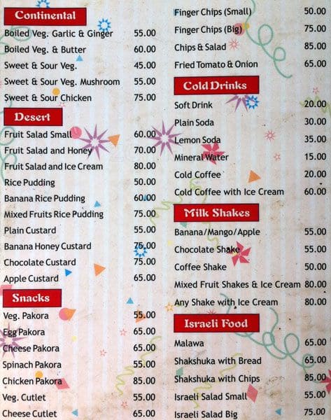 Menu at Romeo Cafe, Varanasi