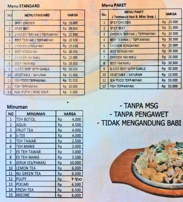 Menu at Shokuyoku Teppanyaki restaurant, Tangerang, WTC Mall Serpong