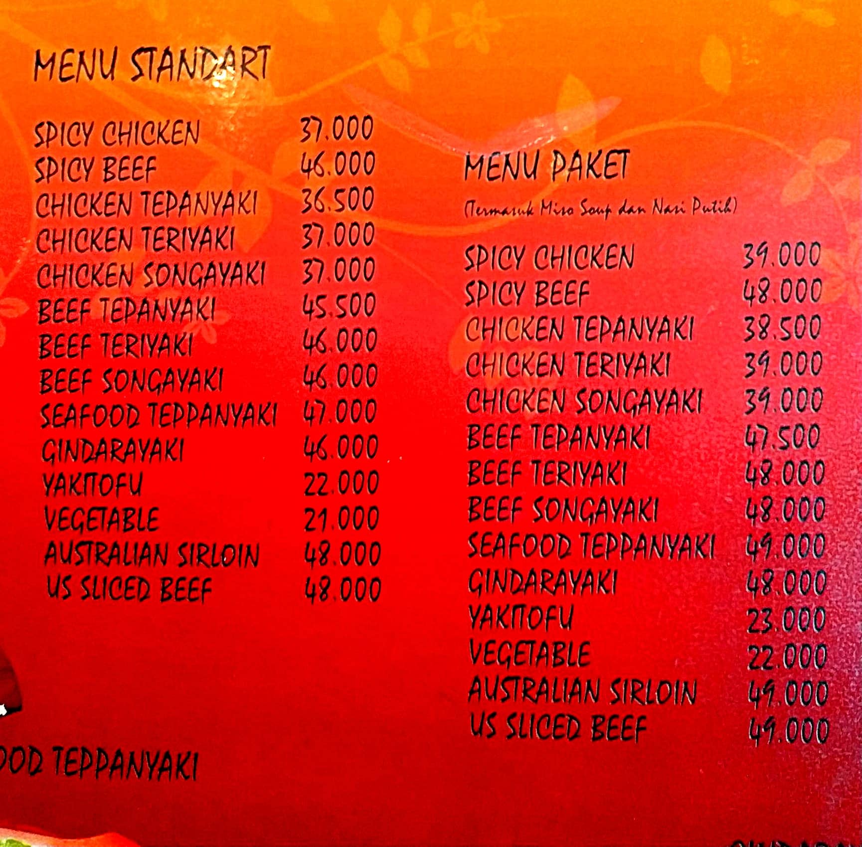 Menu at Shabuyaki restaurant, North Jakarta