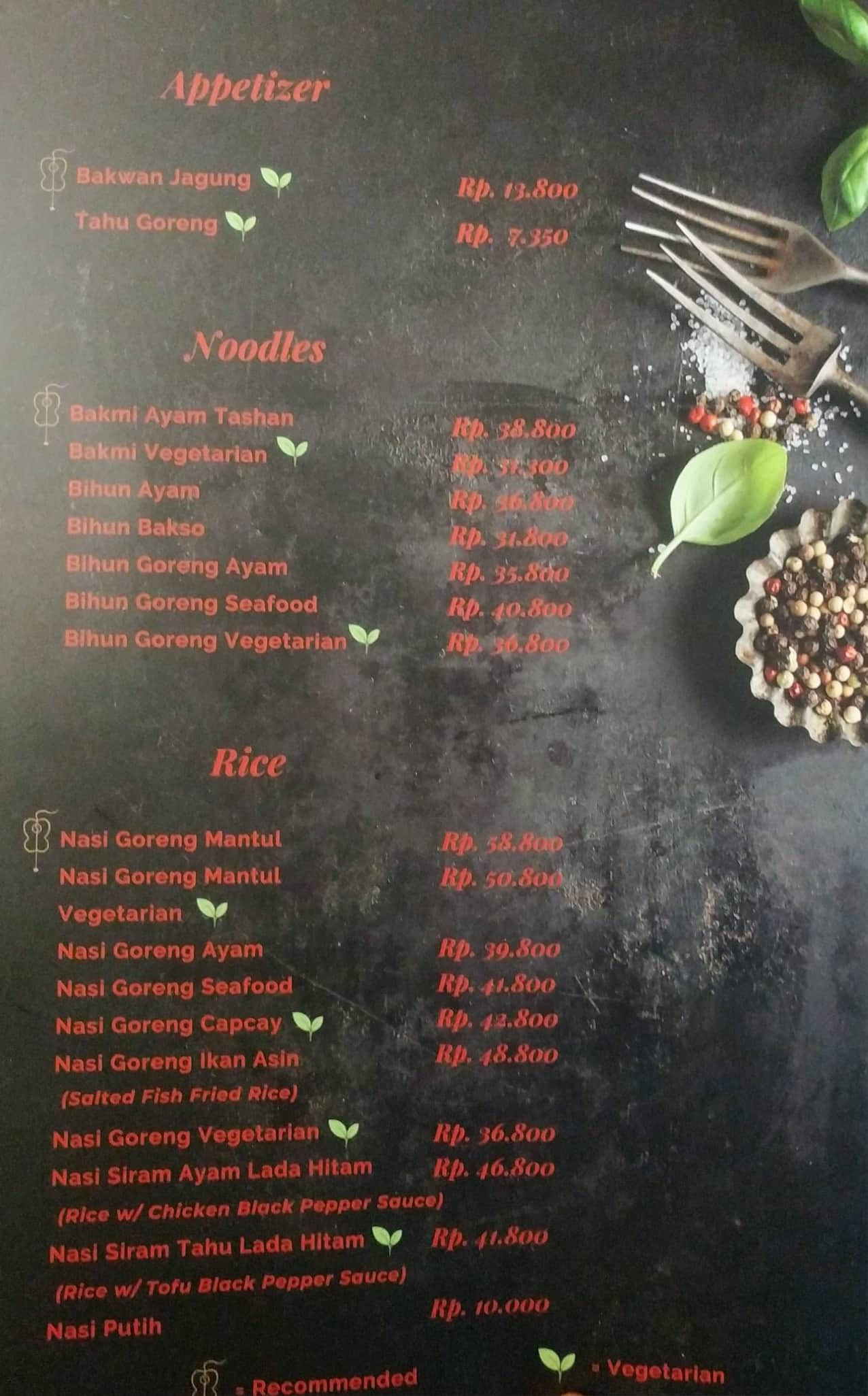 Menu at TASHAN RESTAURANT, South Jakarta