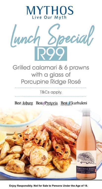 Menu at Mythos restaurant, Pretoria