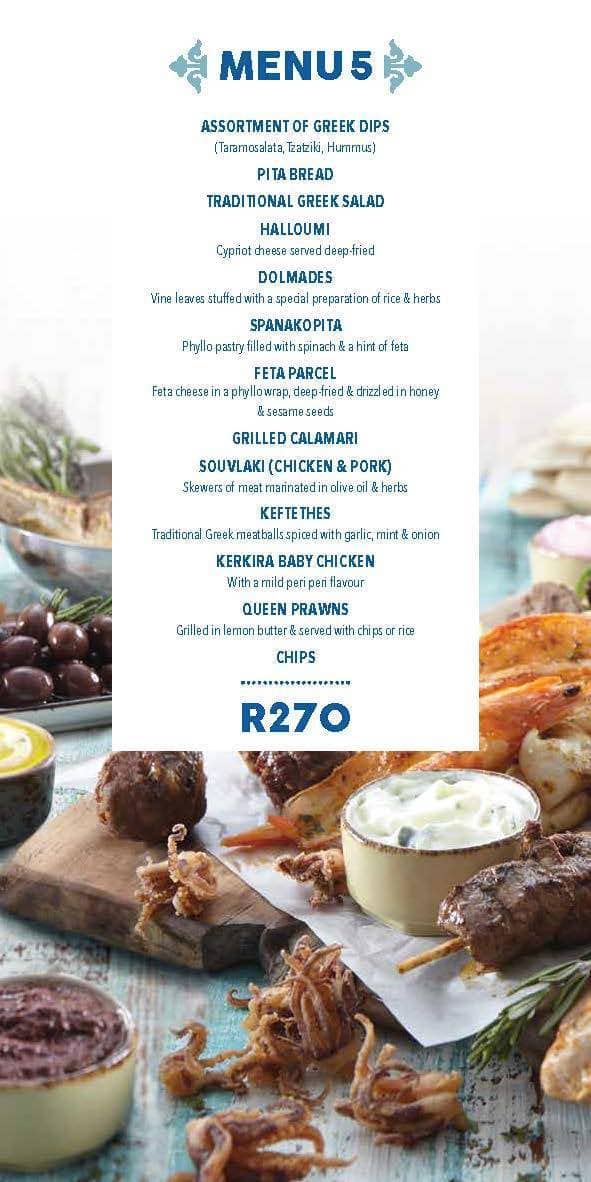 Menu at Mythos restaurant, Pretoria