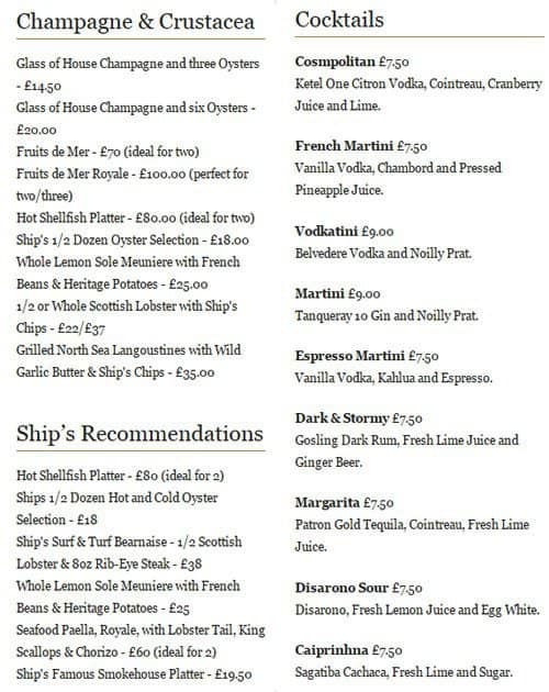 Menu at The Ship on The Shore restaurant, Edinburgh
