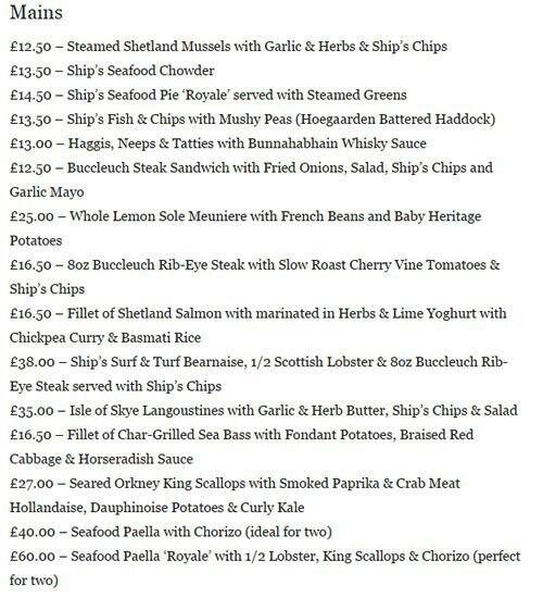 Menu at The Ship on The Shore restaurant, Edinburgh