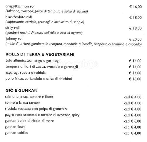 Menu at Spazio Sushi restaurant, Milan, Via Anfiteatro 9