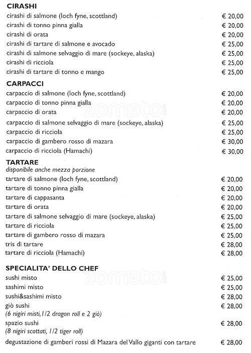 Menu at Spazio Sushi restaurant, Milan, Via Anfiteatro 9