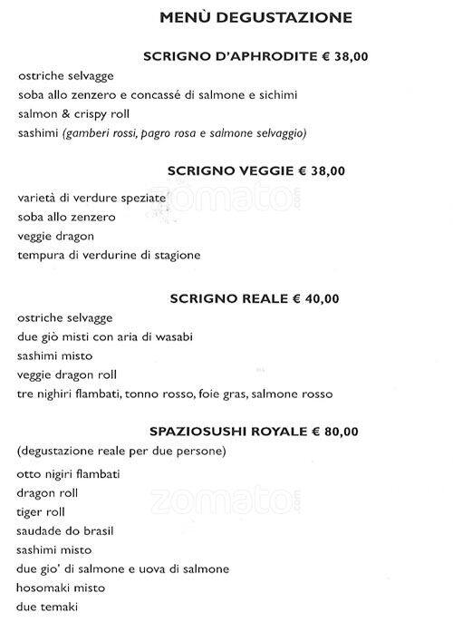 Menu at Spazio Sushi restaurant, Milan, Via Anfiteatro 9