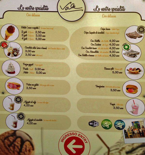 Menu at Vale Gelato restaurant, Rome