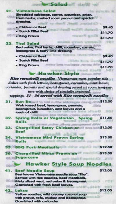 Menu at Pepper Leaf restaurant, Tea Tree Gully