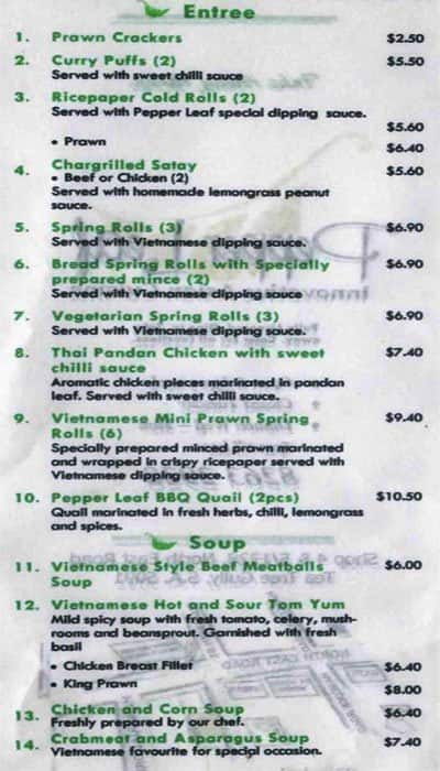 Menu at Pepper Leaf restaurant, Tea Tree Gully