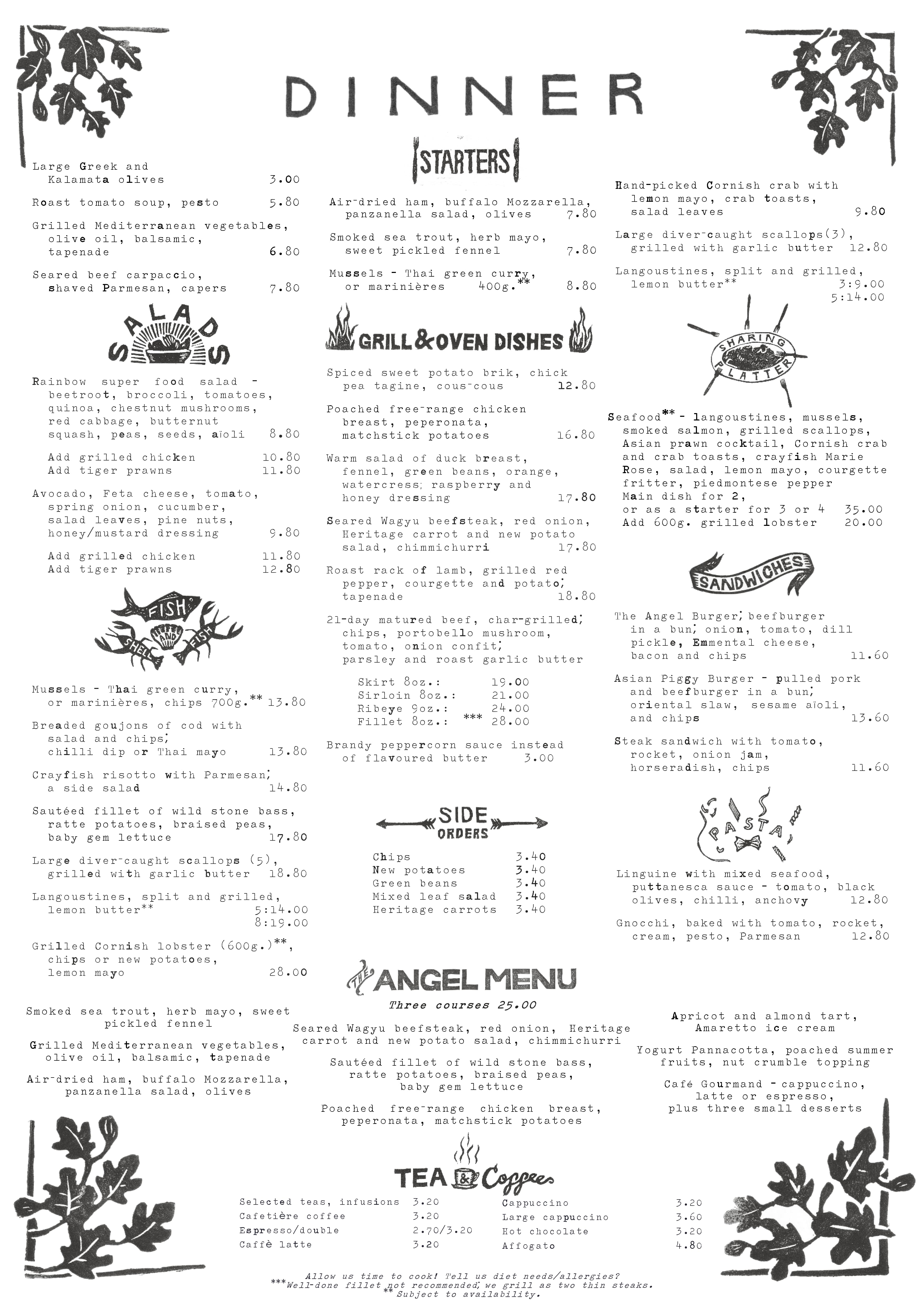 Menu at The Angel Hotel restaurant, Abergavenny