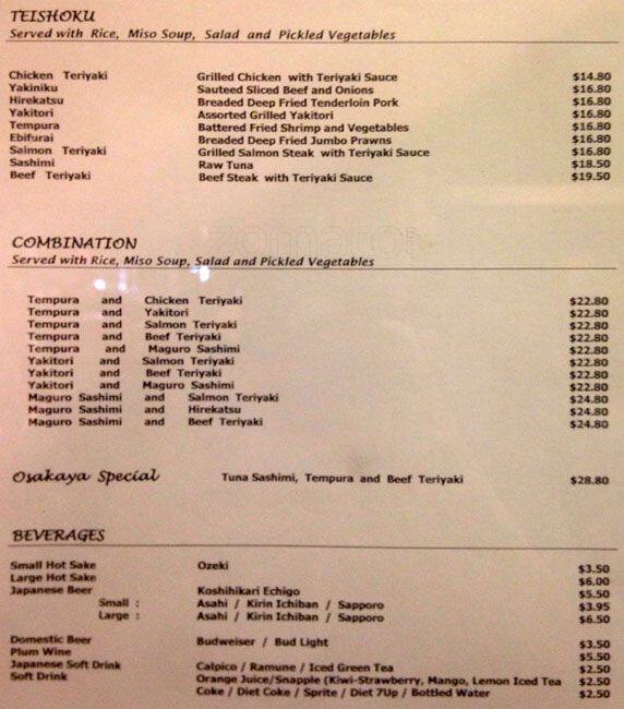 Carta de Osakaya Restaurant, San Francisco