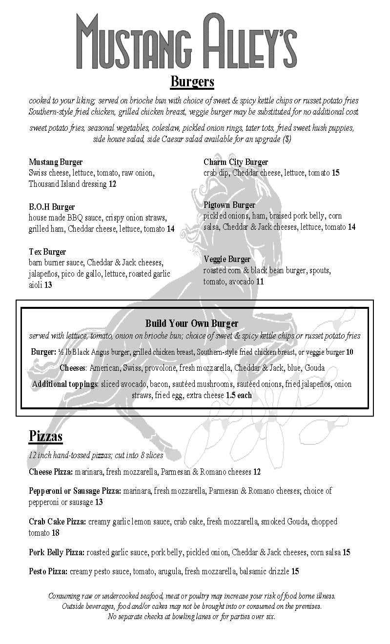 Menu at Mustang Alley's, Baltimore, 390 little Italy